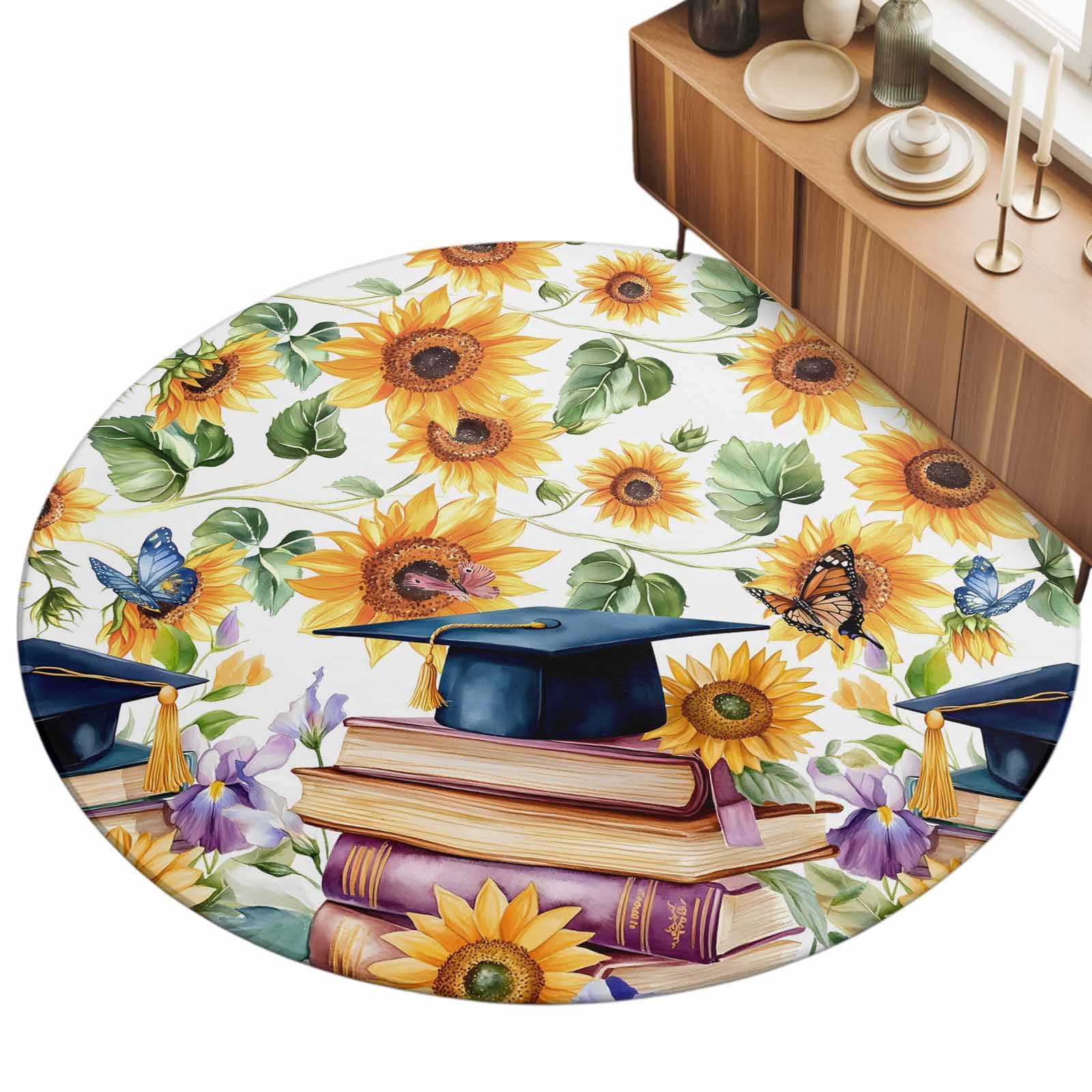3.3ft Round Rug Sunflowers Graduation Cap Area Rugs for Living Room ...