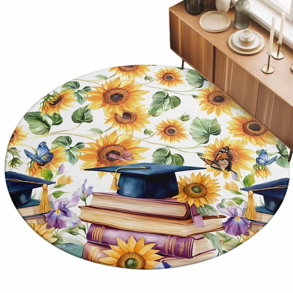 3.3ft Round Rug Sunflowers Graduation Cap Area Rugs for Living Room ...