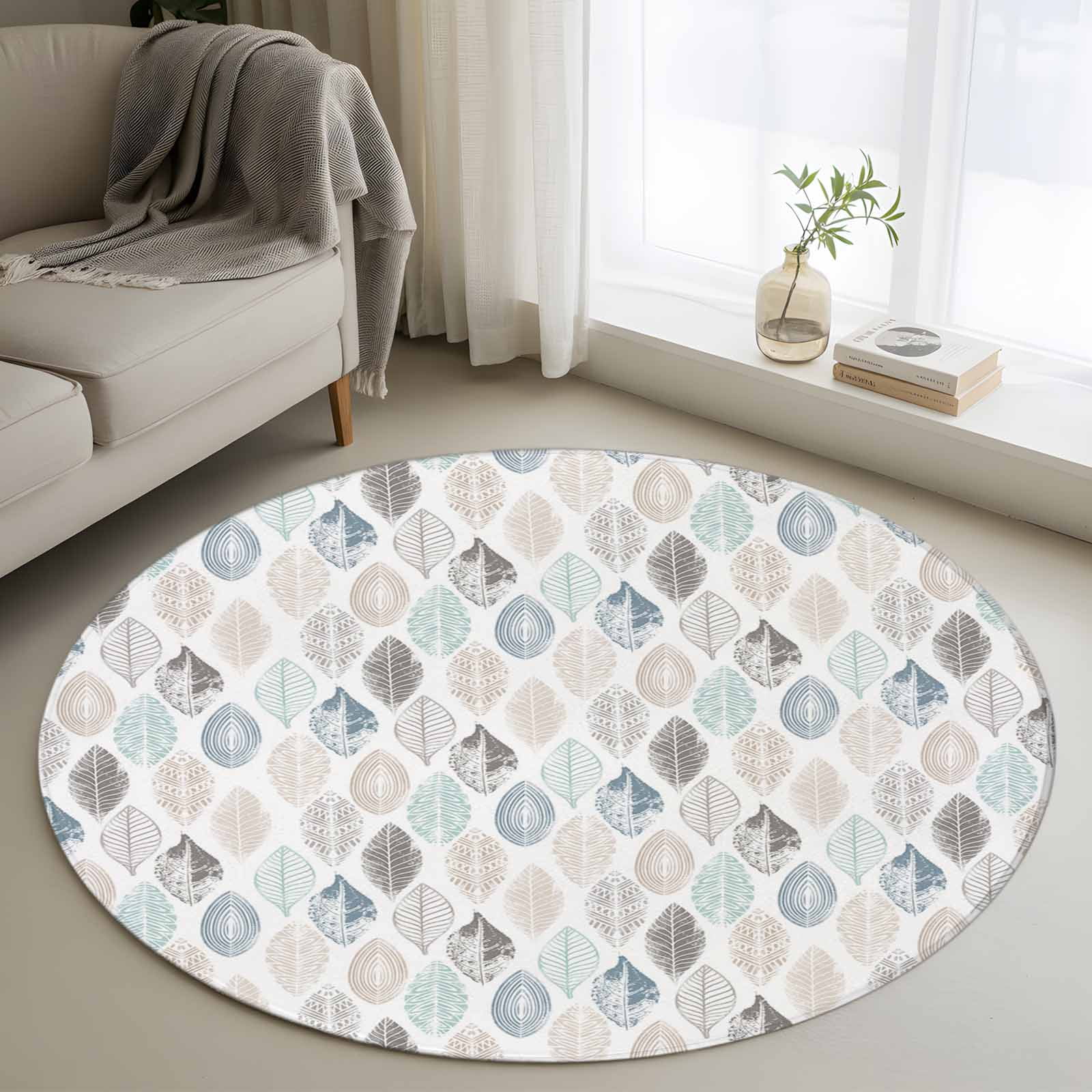 3.3ft Round Rug, Teal Beige Tropical Leaves Non-Skid Rubber Backing ...