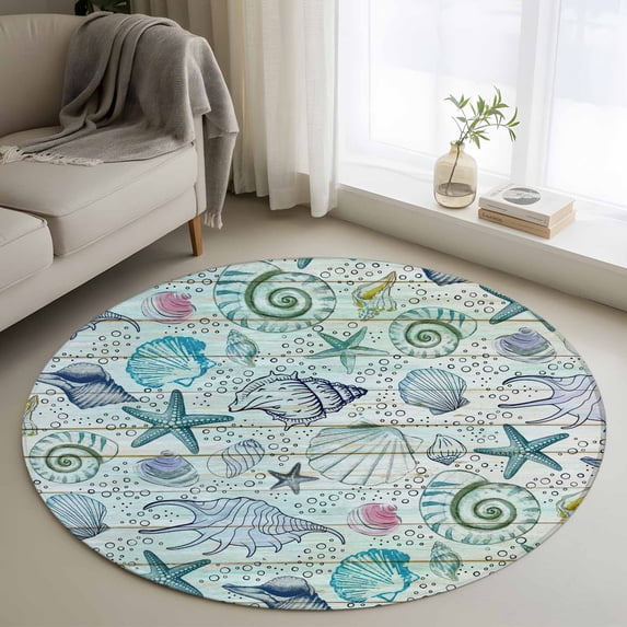 3.3ft Round Rug, Teal Blue Coastal Non-Skid Rubber Backing Large Area ...
