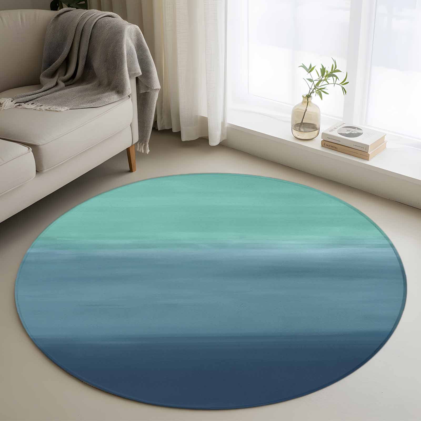 3.3ft Round Rug, Teal Blue Ombre Non-Skid Rubber Backing Large Area ...