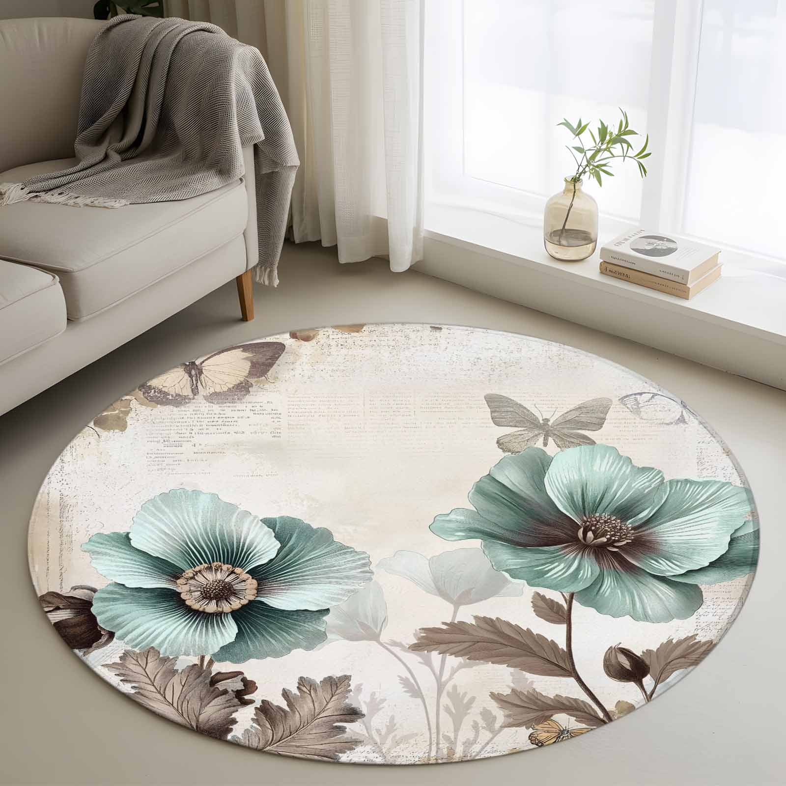 3.3ft Round Rug, Teal Brown Spring Floral Non-Skid Rubber Backing Large ...