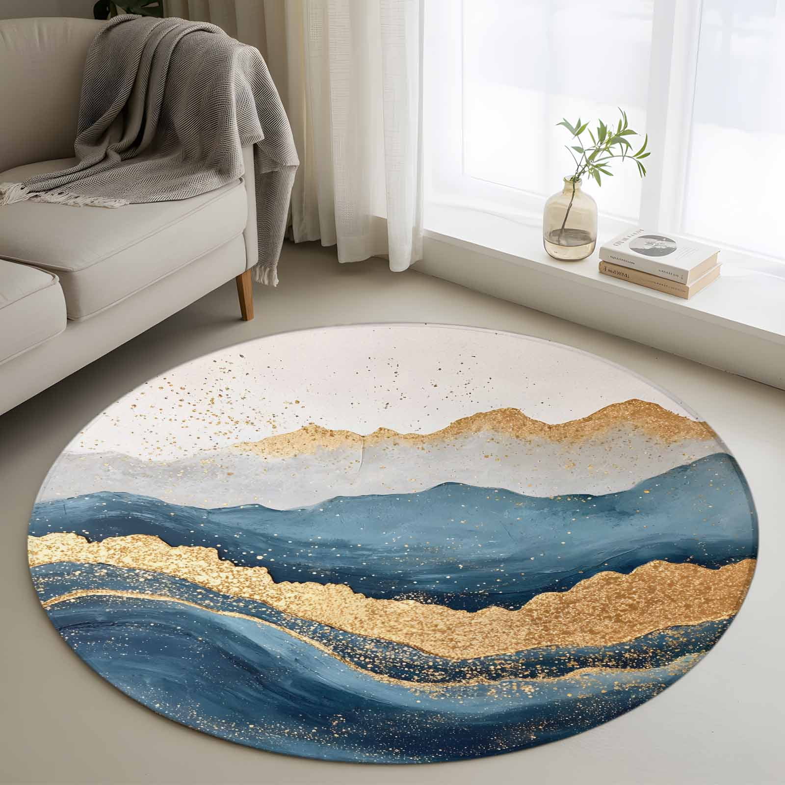 3.3ft Round Rug, Teal Golden Non-Skid Rubber Backing Large Area Rugs ...
