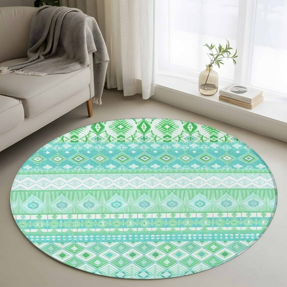 3.3ft Round Rug, Teal Green Boho Non-Skid Rubber Backing Large Area ...