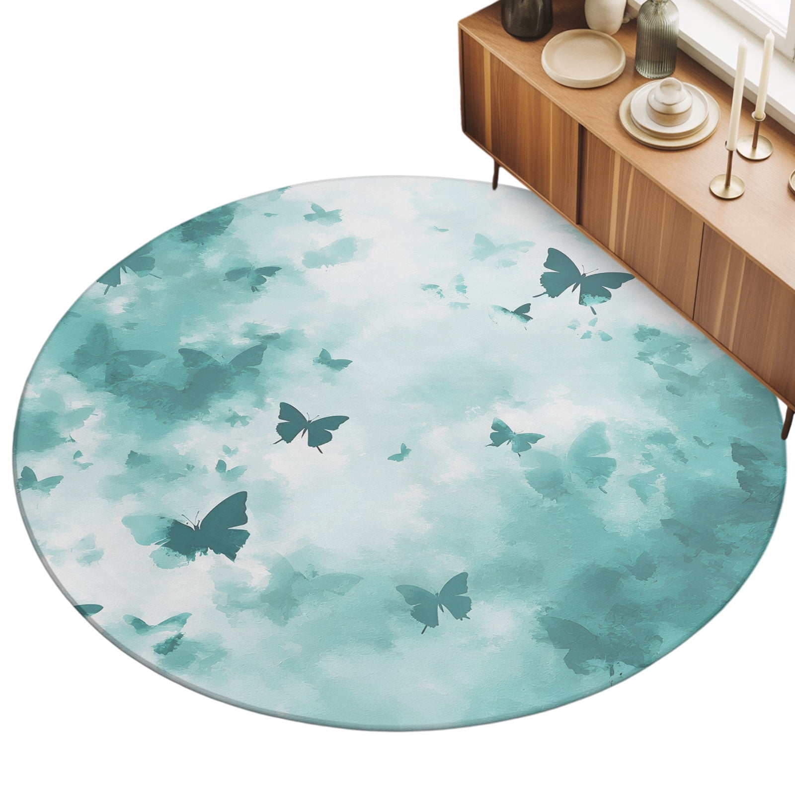 3.3ft Round Rug Teal Green Butterfly Area Rugs for Living Room Bedroom ...