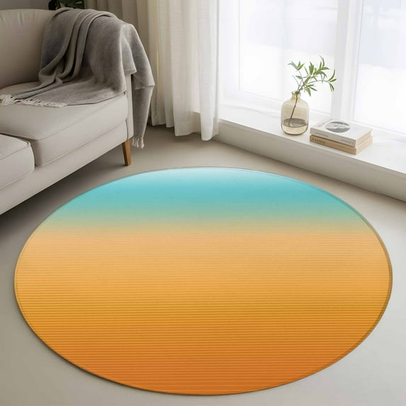 3.3ft Round Rug, Teal Orange Ombre Non-Skid Rubber Backing Large Area ...