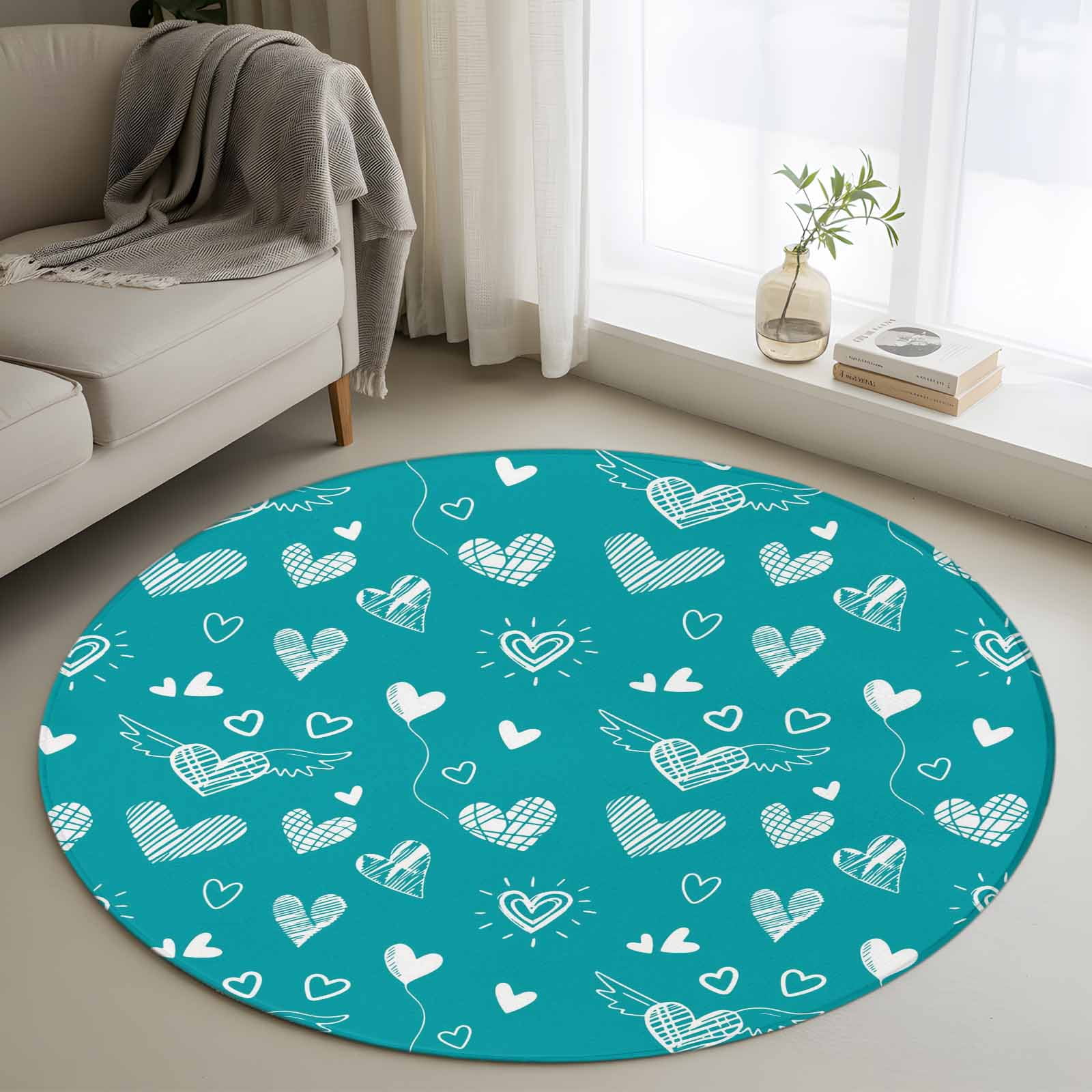 3.3ft Round Rug, Teal Valentine's Day Non-Skid Rubber Backing Large ...