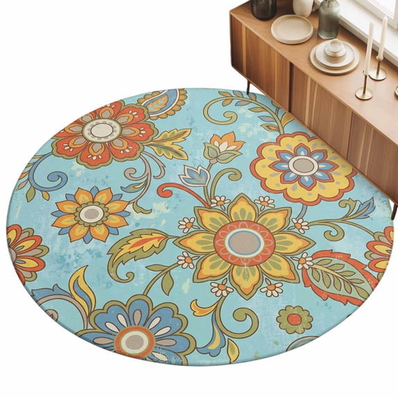 3.3ft Round Rug Turquoise Boho Floral Area Rugs for Living Room Bedroom ...