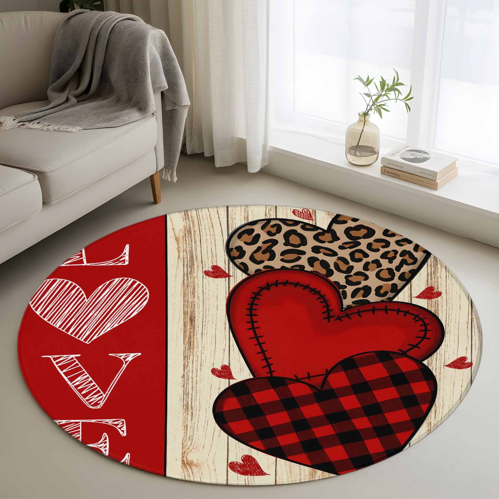 3.3ft Round Rug, Valentine's Day Non-Skid Rubber Backing Large Area ...