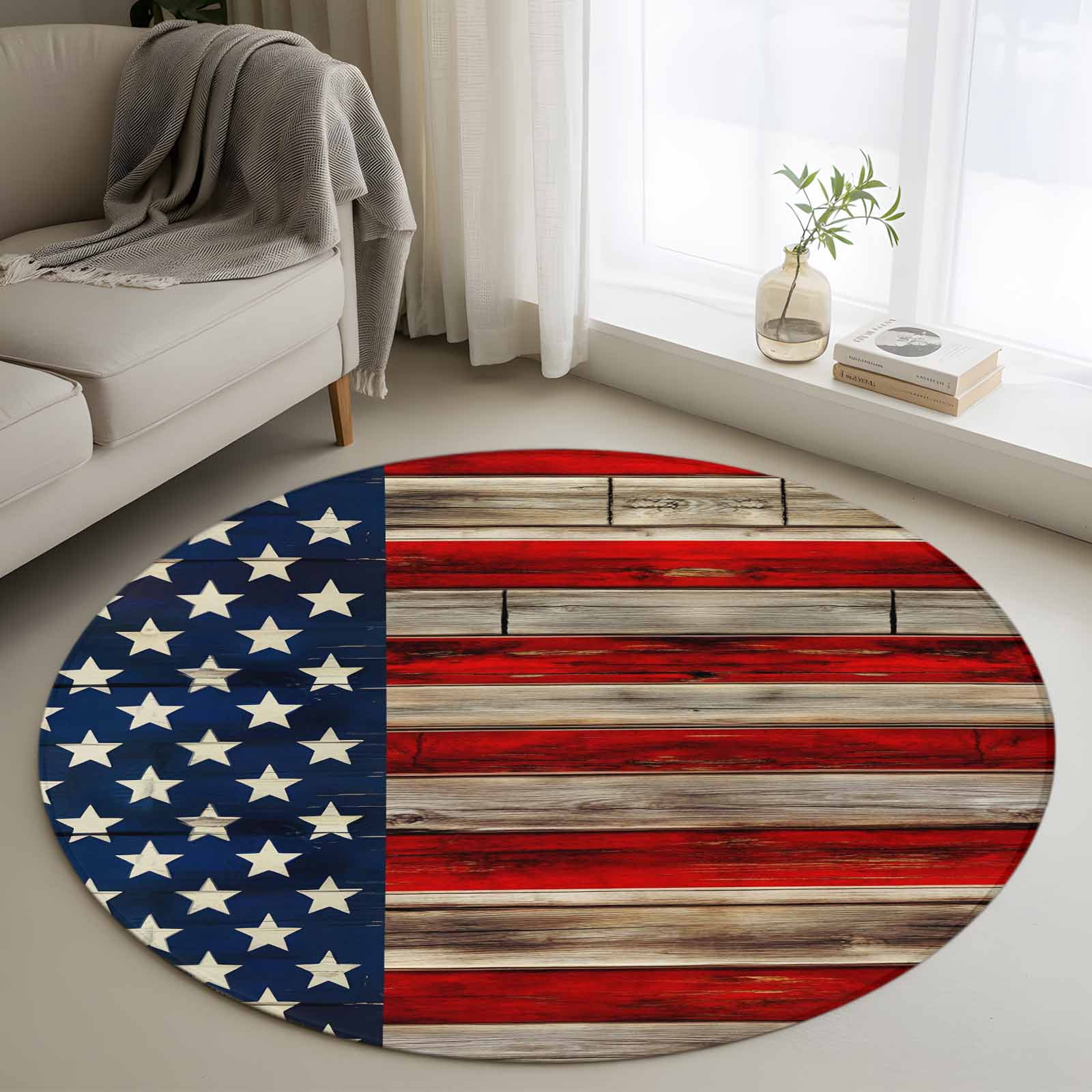3.3ft Round Rug, Vintage American Flag Non-Skid Rubber Backing Large ...