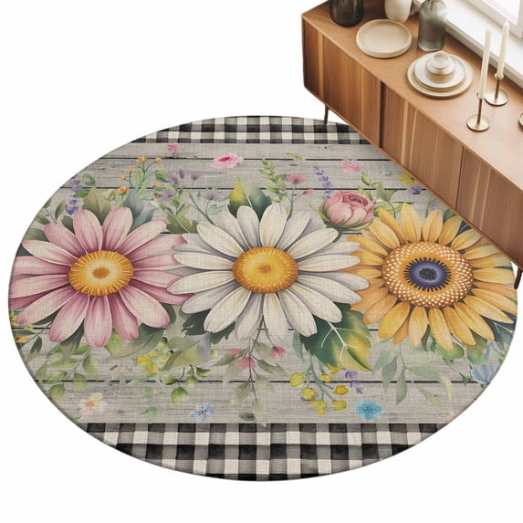 3.3ft Round Rug Vintage Daisy Floral Area Rugs for Living Room Bedroom ...