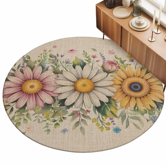 3.3ft Round Rug Vintage Daisy Floral Area Rugs for Living Room Bedroom ...