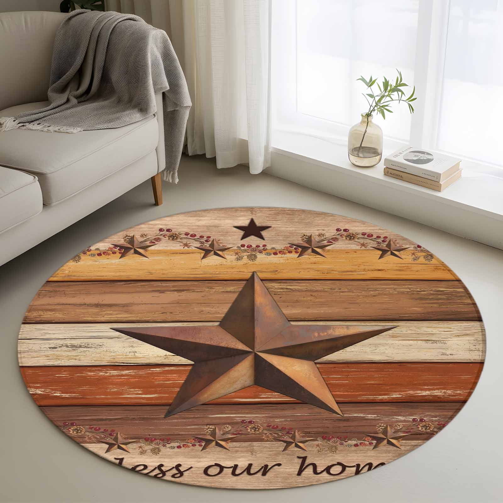 3.3ft Round Rug, Western Texas Star Vintage Non-Skid Rubber Backing ...