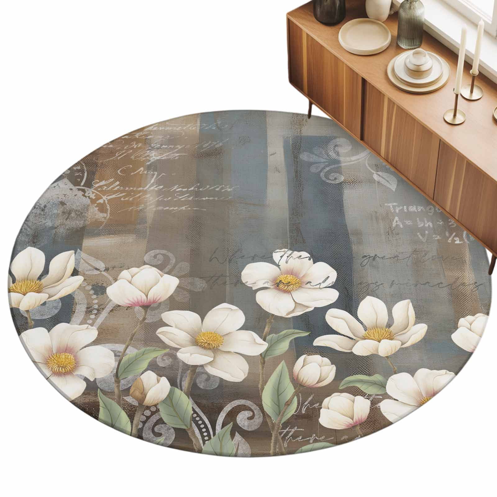 3.3ft Round Rug White Floral Area Rugs for Living Room Bedroom Washable ...