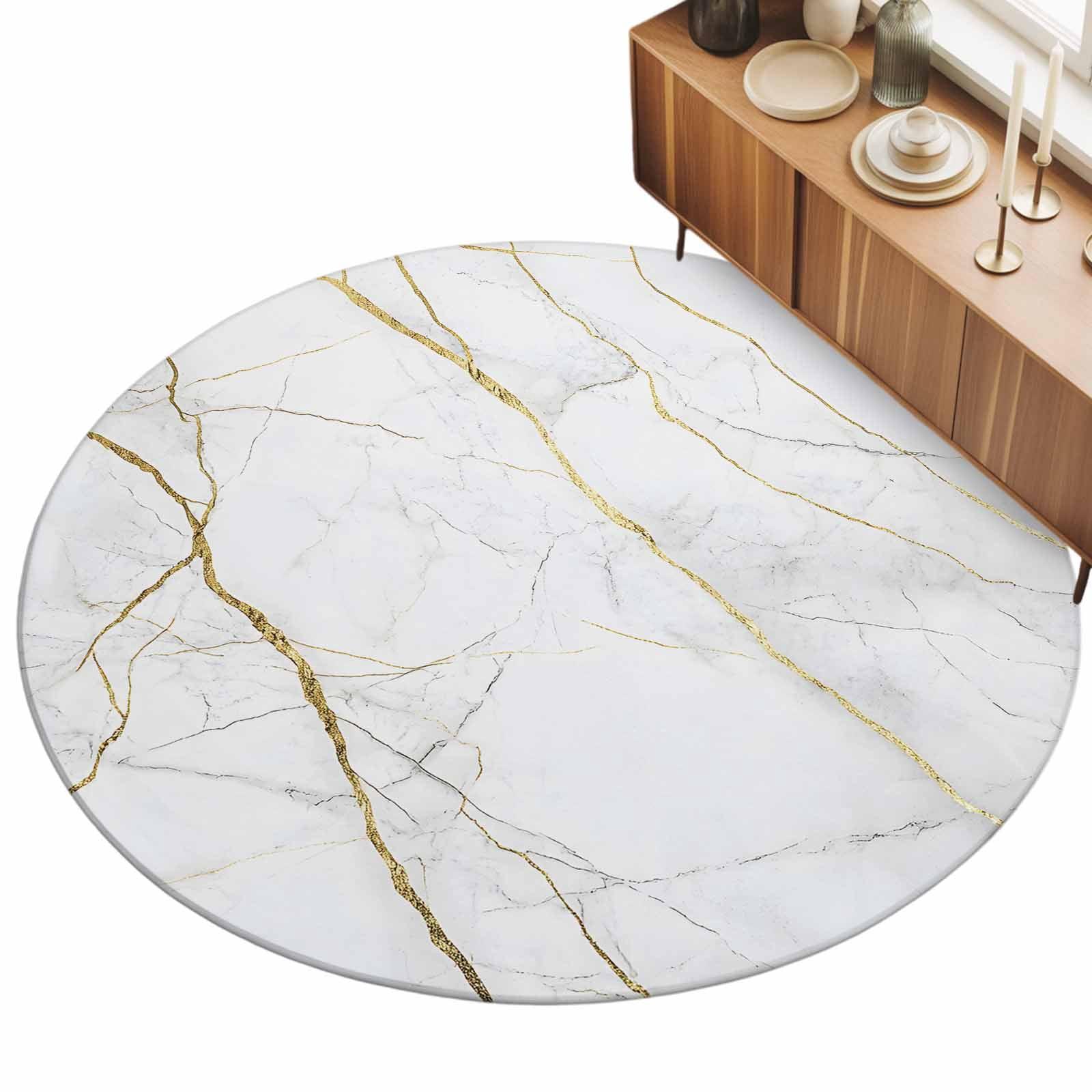 3.3ft Round Rug White Gold Marble Area Rugs for Living Room Bedroom ...