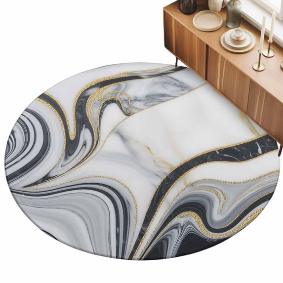 3.3ft Round Rug White Grey Marble Area Rugs for Living Room Bedroom ...