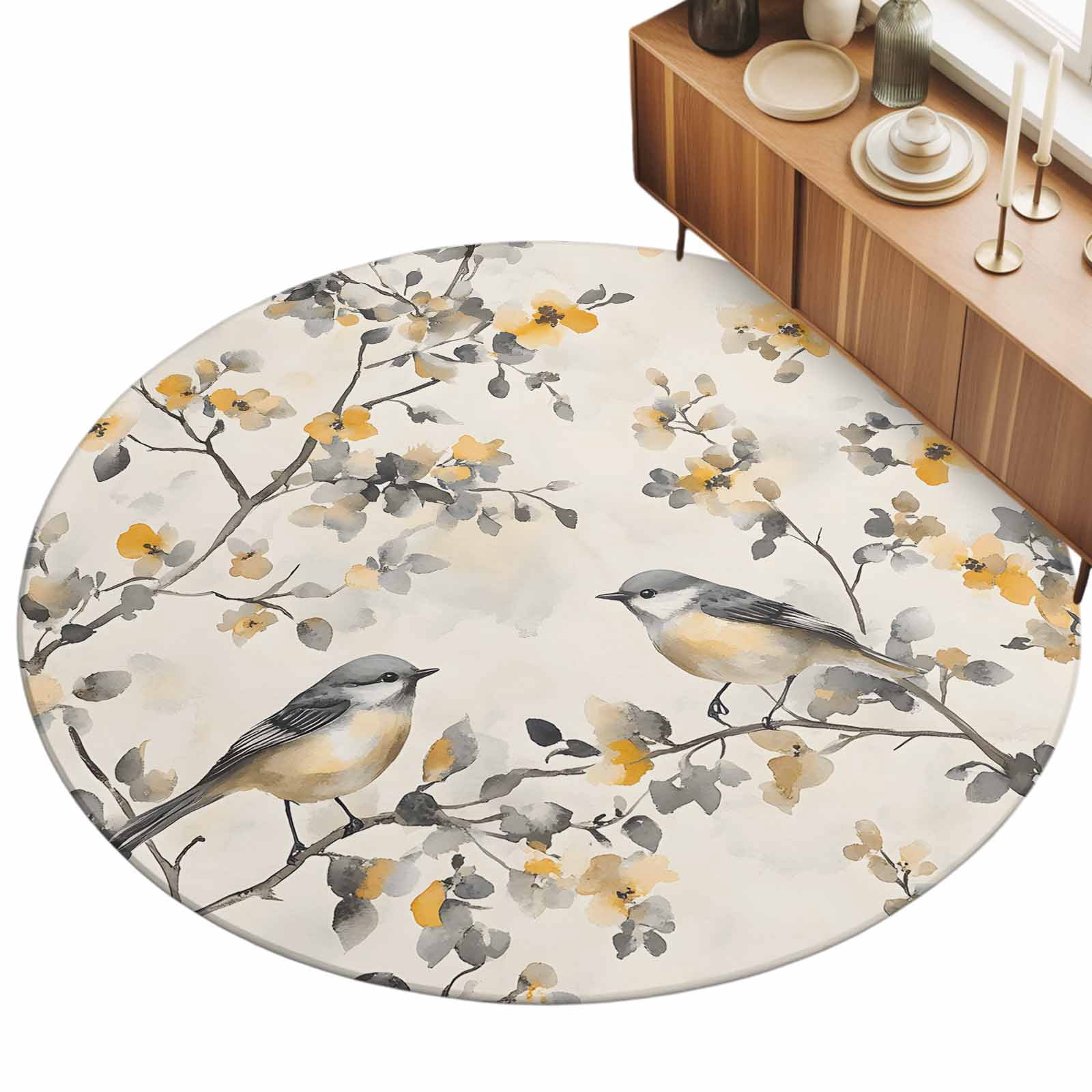 3.3ft Round Rug Yellow Grey Botanical Area Rugs for Living Room Bedroom ...