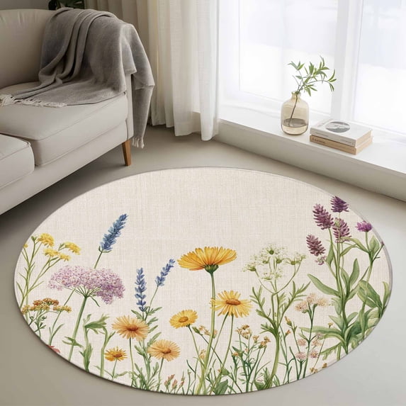 3.3ft Round Rug, Yellow Spring Floral Non-Skid Rubber Backing Large ...