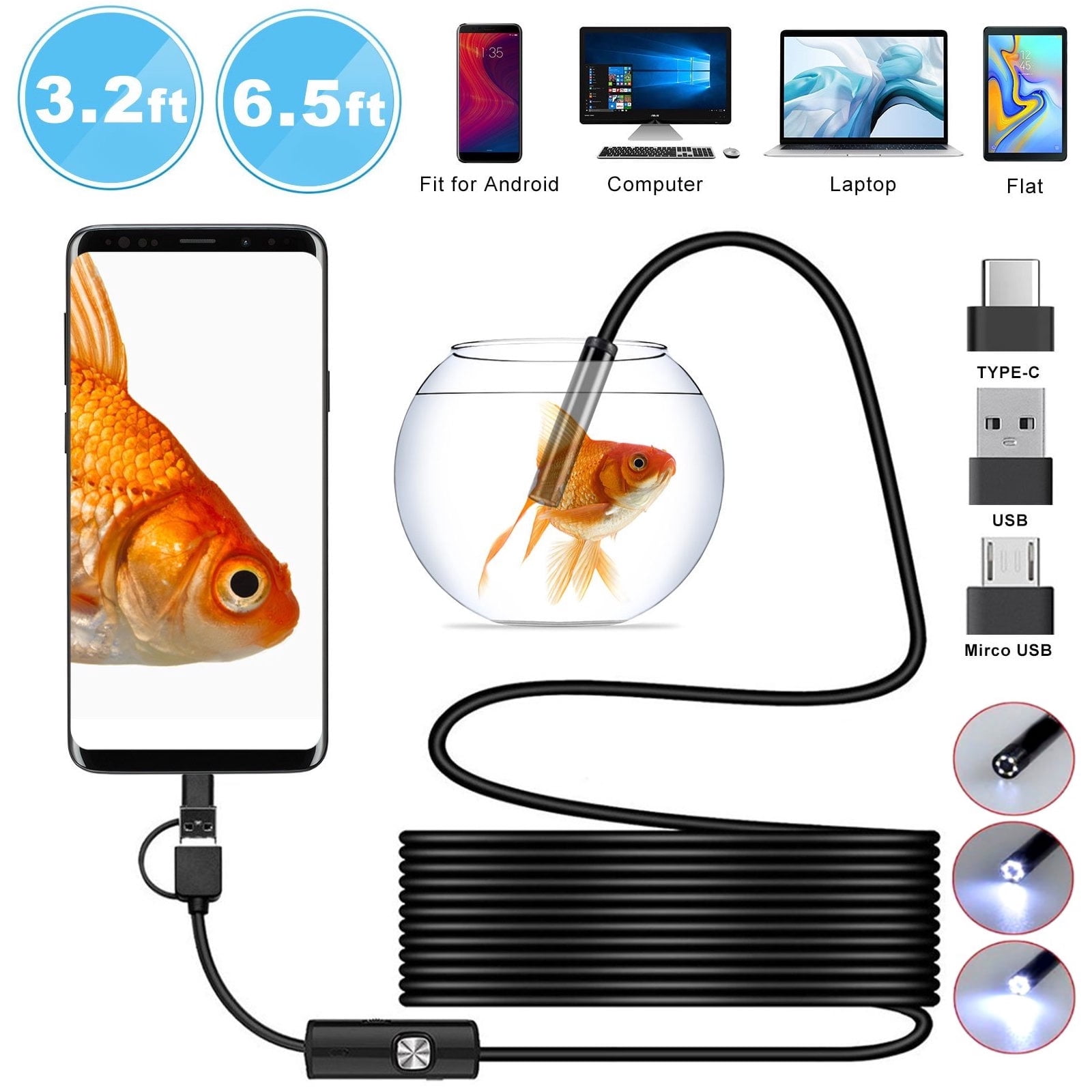 3.3ft USB Endoscope Compatible with Android Phone, 7mm Borescope Snake ...