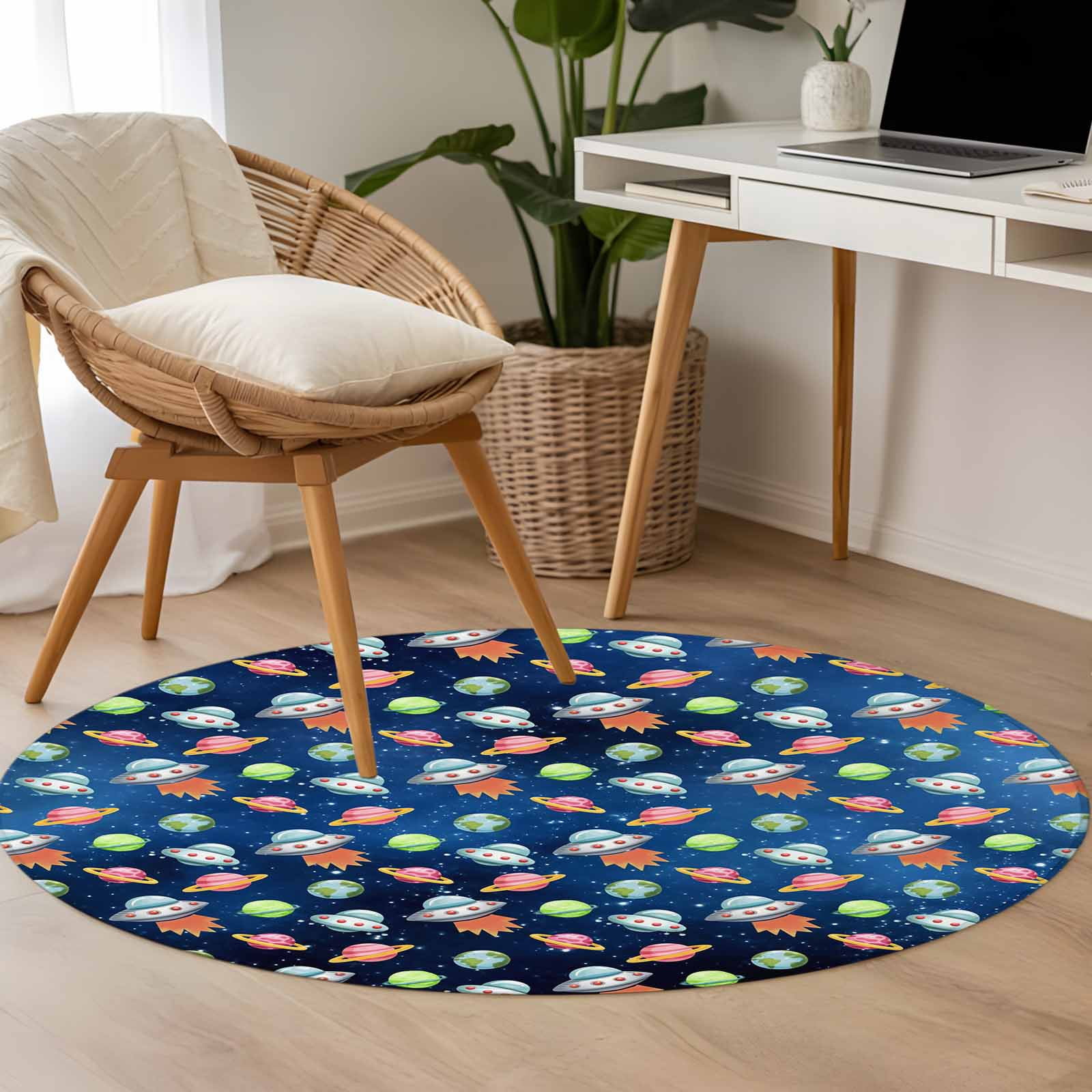 3.3ft Washable Round Rug, Cartoon Spacecraft Non-Slip Circle Area Rug for Entryway Bedroom ...