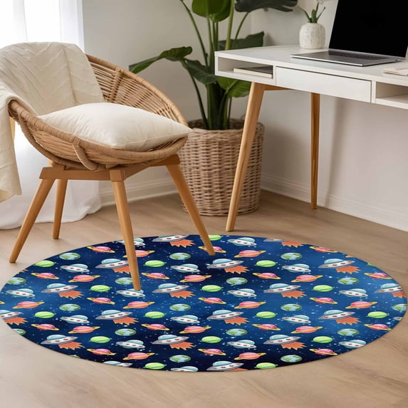 3.3ft Washable Round Rug, Cartoon Spacecraft Non-Slip Circle Area Rug ...