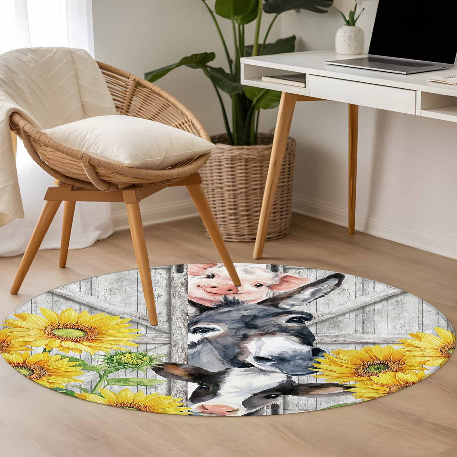 3.3ft Washable Round Rug, Cute Donkey Pig Cow Non-Slip Circle Area Rug ...
