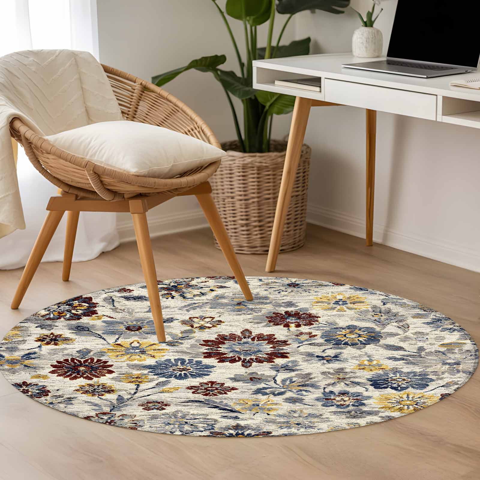 3.3ft Washable Round Rug, Floral Boho Non-Slip Circle Area Rug for ...