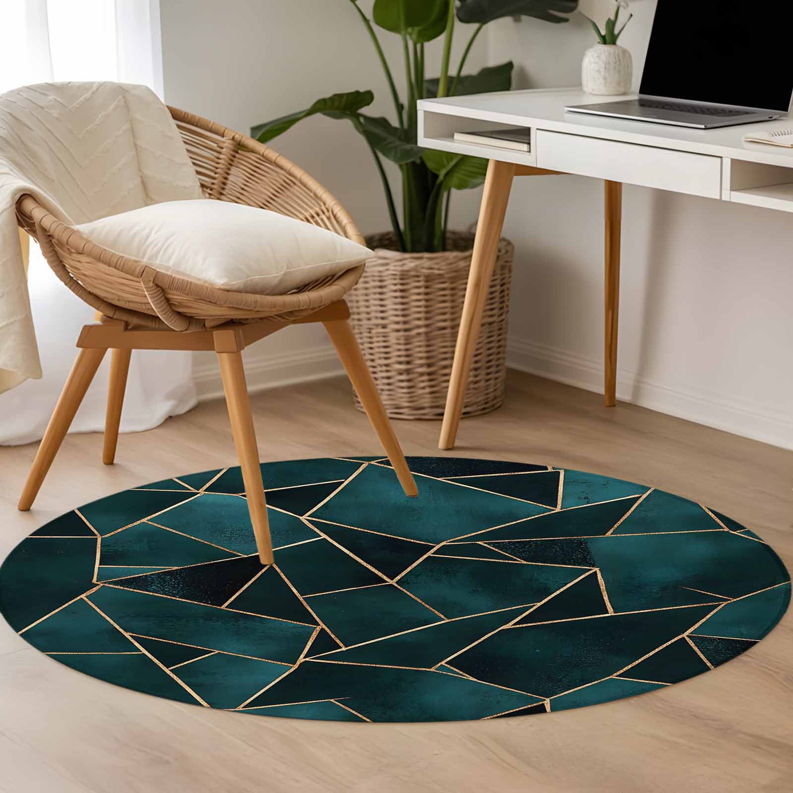 3.3ft Washable Round Rug, Geometric Pattern Non-Slip Circle Area Rug ...
