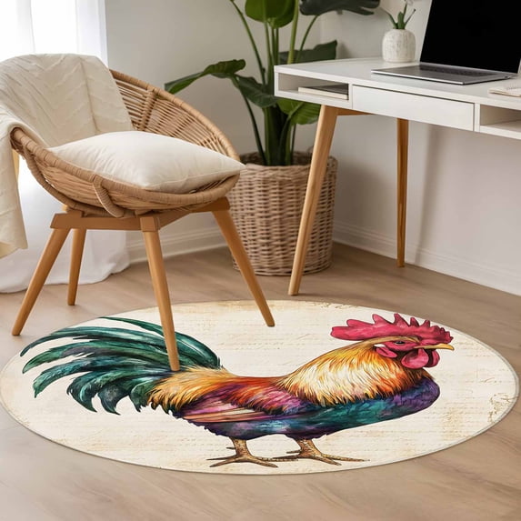 3.3ft Washable Round Rug, Rooster Non-Slip Circle Area Rug for Entryway ...