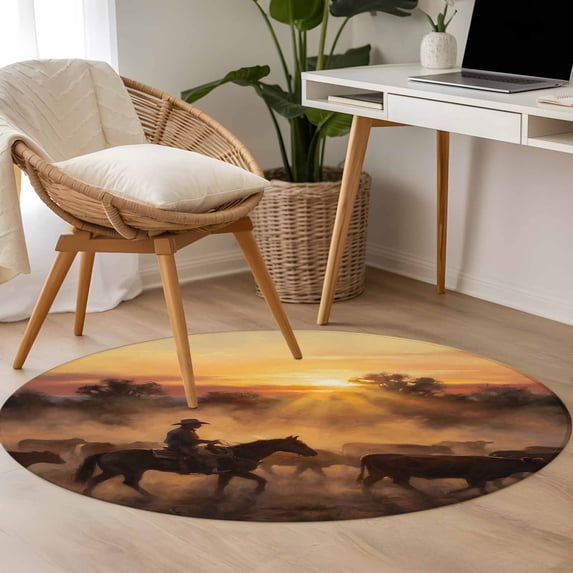 3.3ft Washable Round Rug, Western Cowboy Scenery Non-Slip Circle Area ...