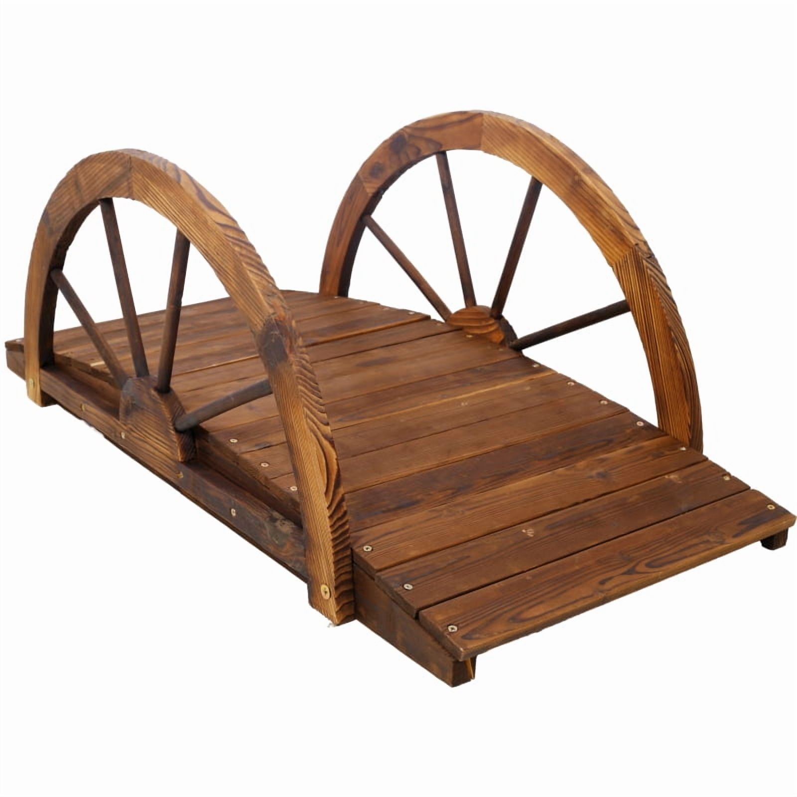 3.3ft Wooden Garden Bridge – Arc Footbridge with Half-Wheel Railings ...