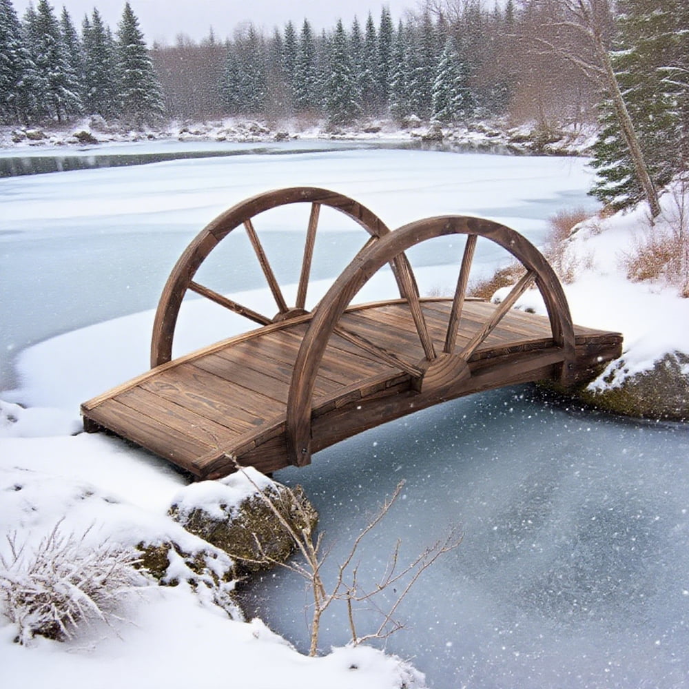 3.3ft Wooden Garden Bridge Footbridge With Half-Wheel Style Railings ...