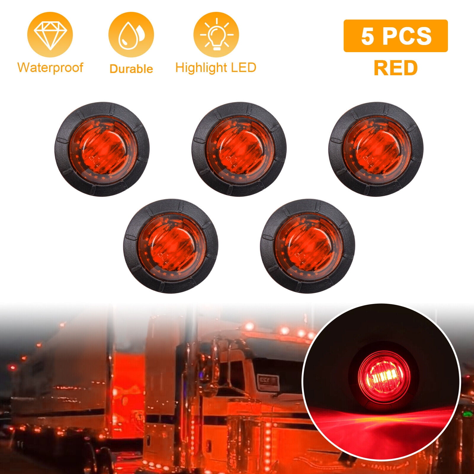 3/4" 12V 5PCS Truck Side Marker Lights LED Trailer Round Side Bullet ...