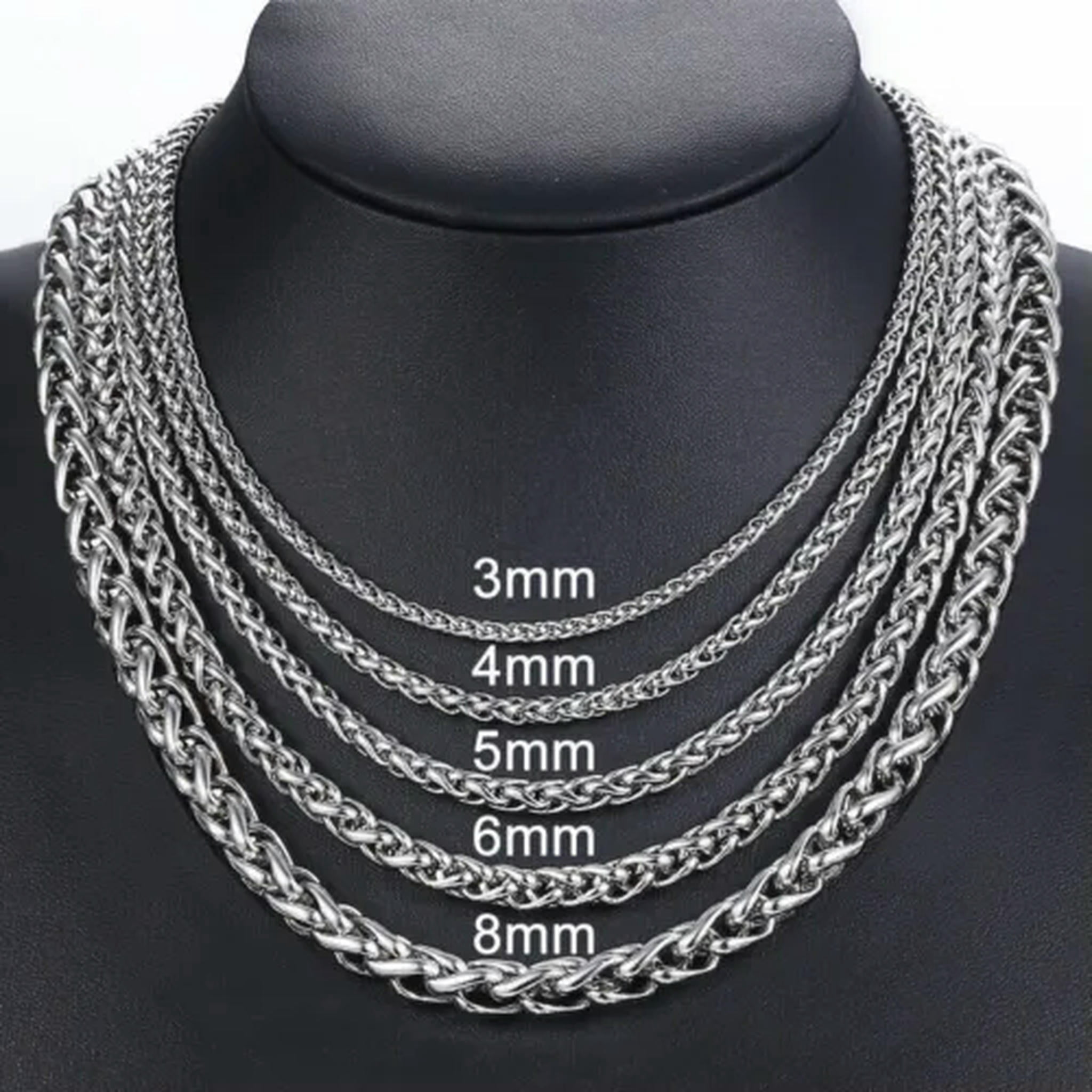 3/4/5/6/8mm Braided Wheat Chain Silver 316L Stainless Steel Men Women ...