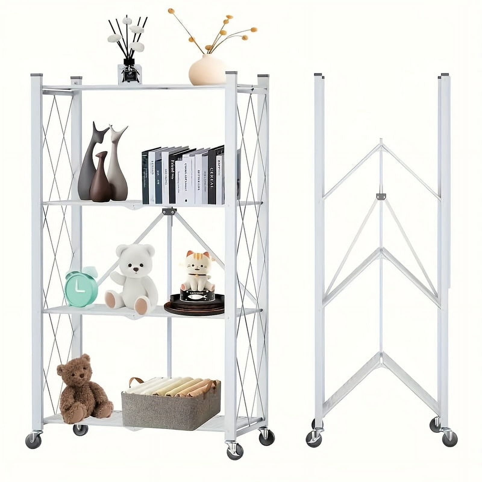 3/4/5-Tier Foldable Metal Storage Rack - Portable Shelves with Wheels ...