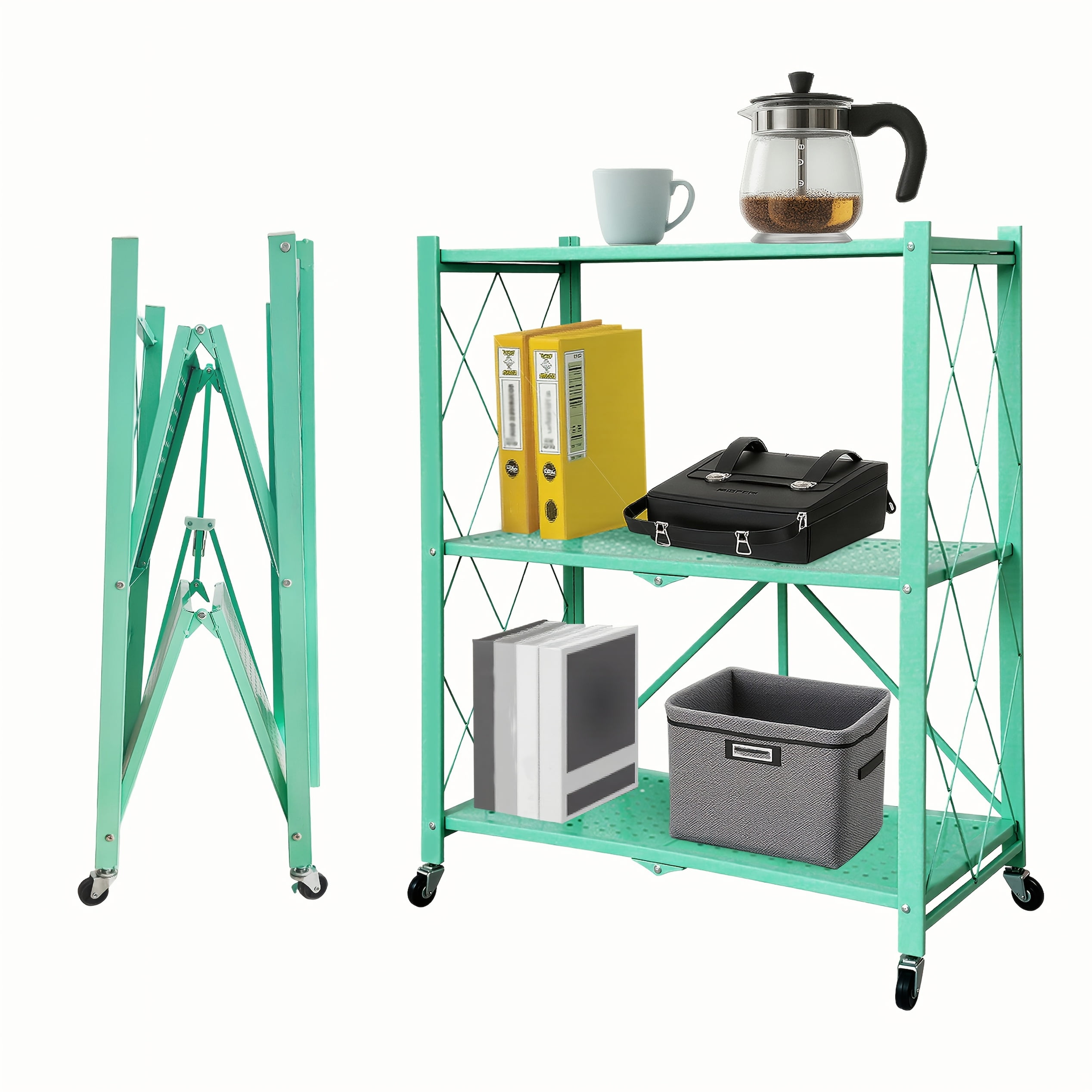 3/4/5-Tier Heavy-Duty Foldable Storage Shelf with Lockable Wheels, No ...