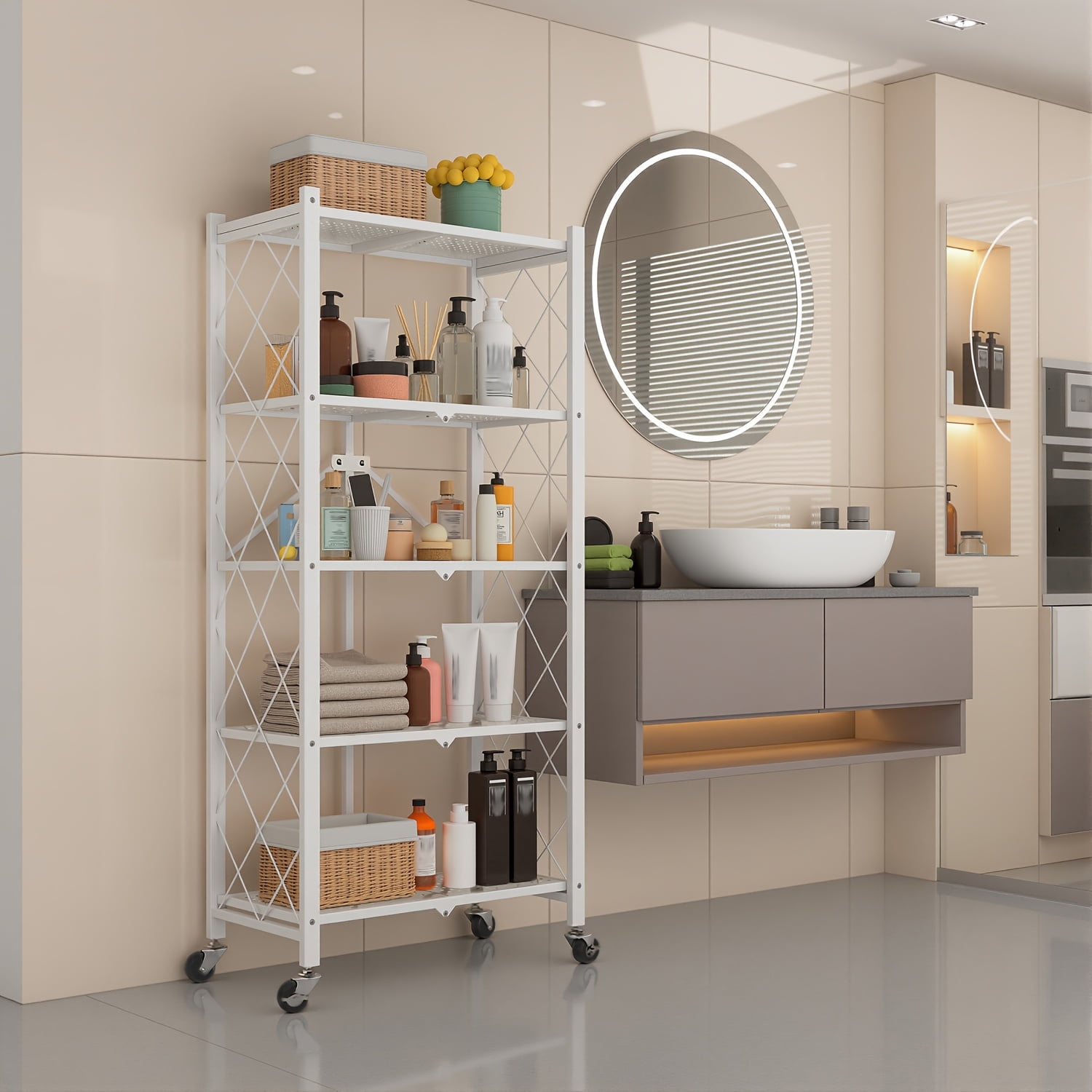 3/4/5-Tier Heavy-Duty Foldable Storage Shelf with Lockable Wheels, No ...