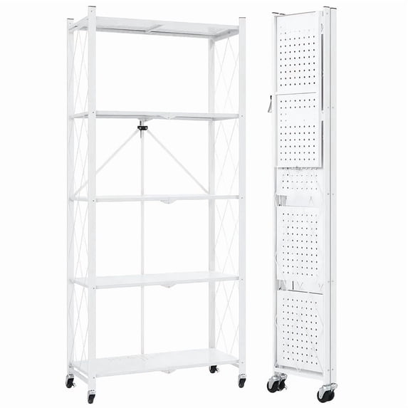 3/4/5-Tier Heavy-Duty Foldable Storage Shelf with Wheeled Shelves ...