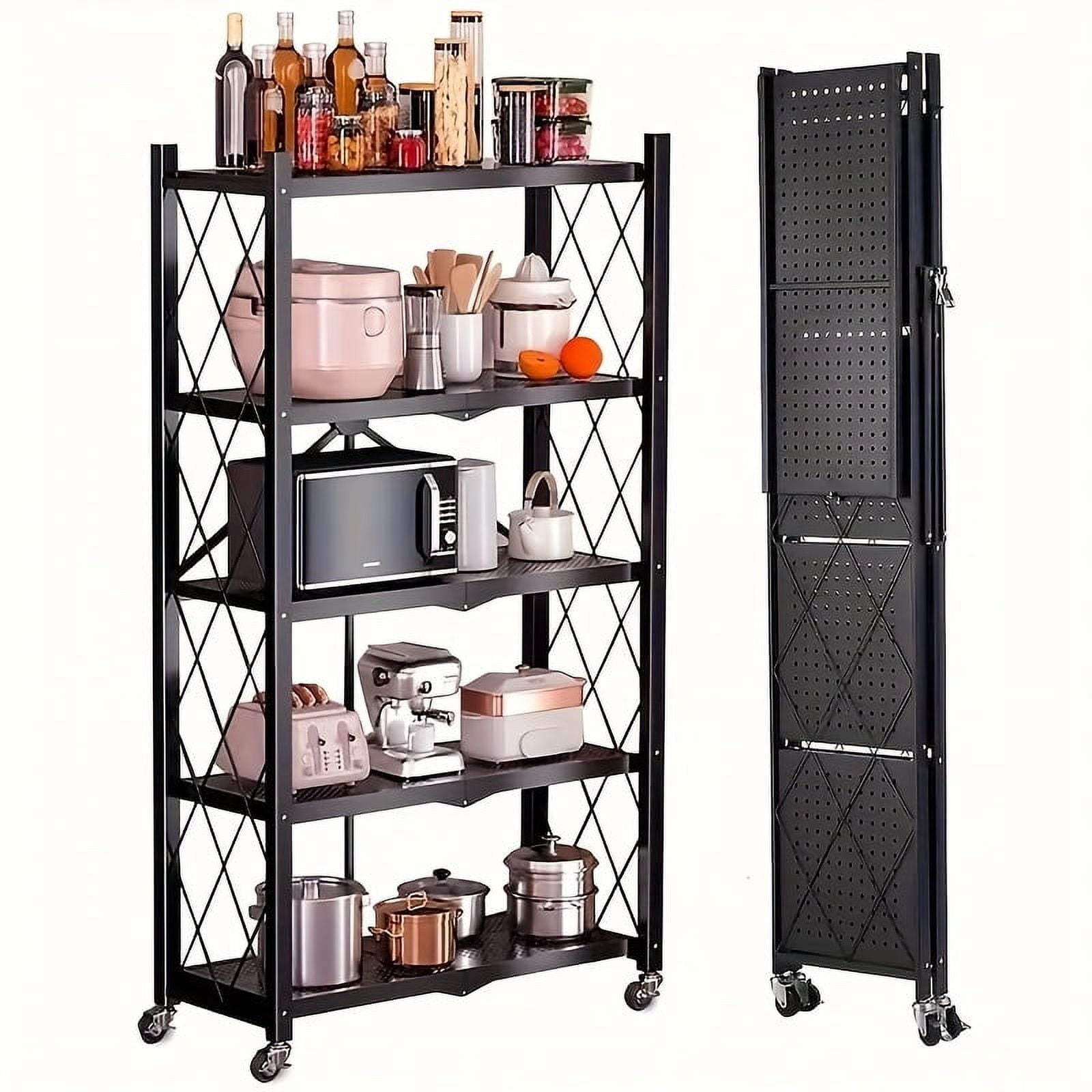 3/4/5-Tier Metal Storage Rack with Wheels - Foldable Space-Saving ...