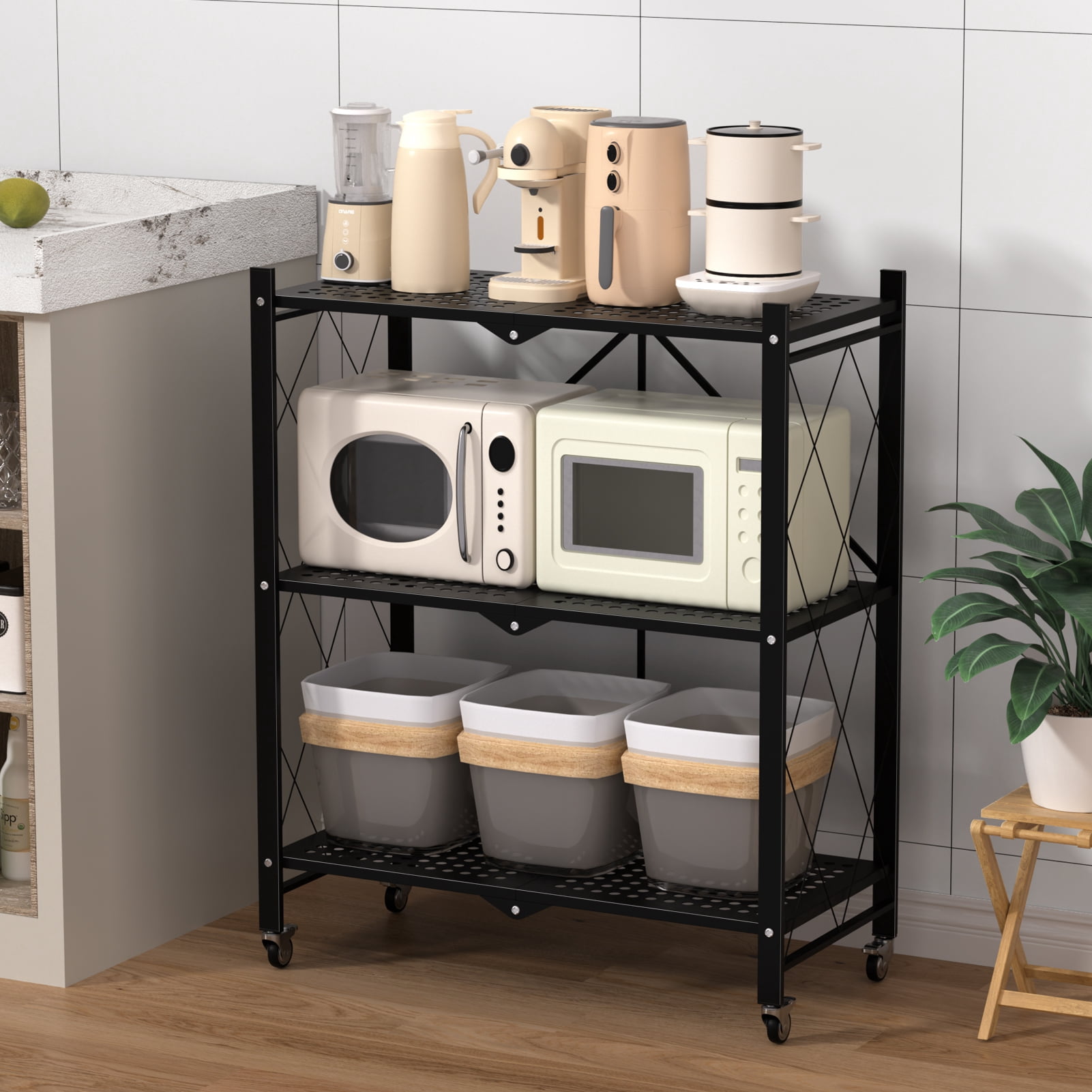 3/4/5 Tiers Foldable Storage Shelves, Expandable Folding Bookshelf with ...
