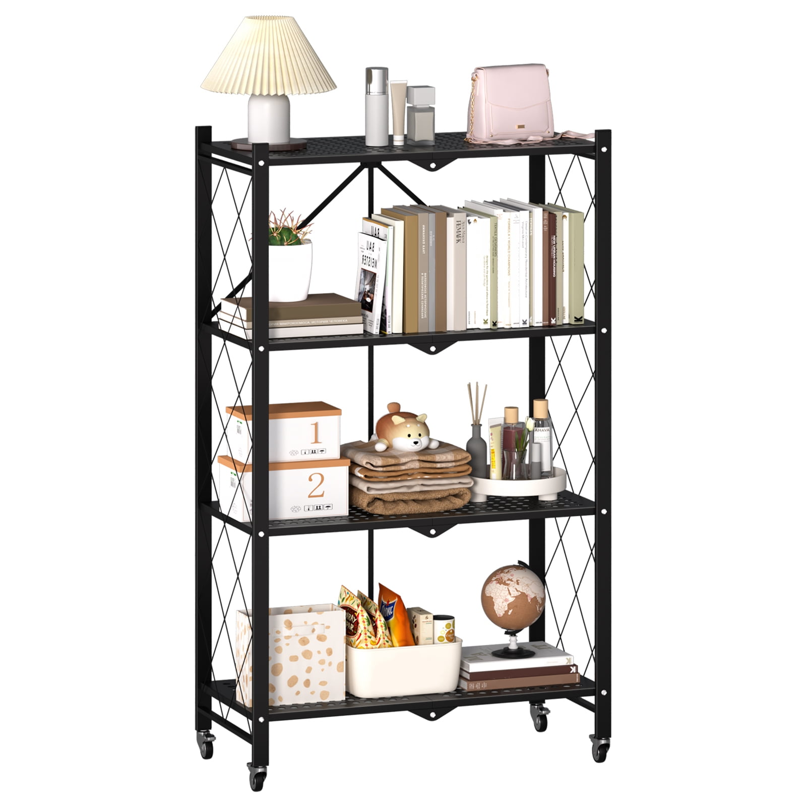 3/4/5 Tiers Foldable Storage Shelves, Expandable Folding Bookshelf with ...