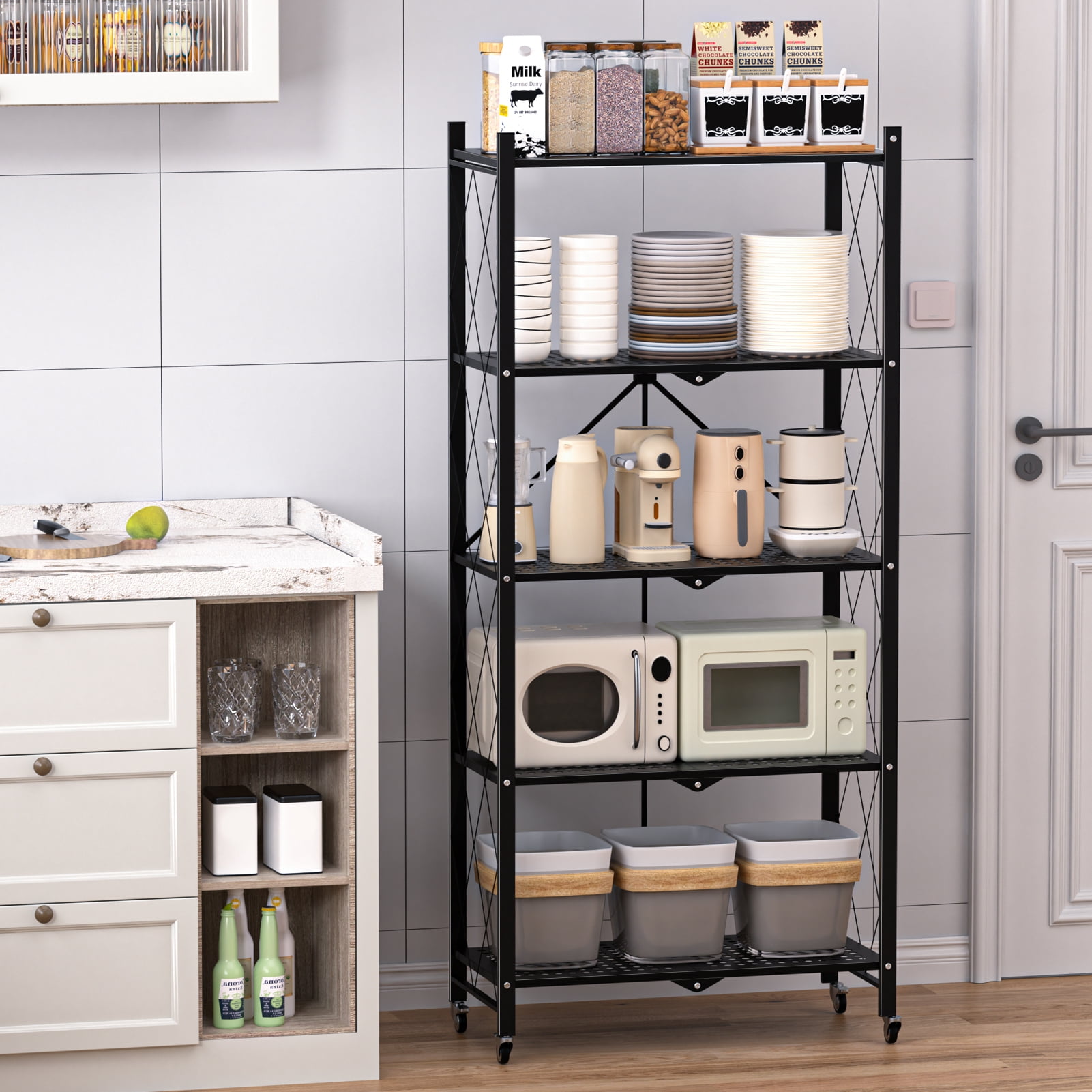 3/4/5 Tiers Foldable Storage Shelves, Expandable Folding Bookshelf with ...