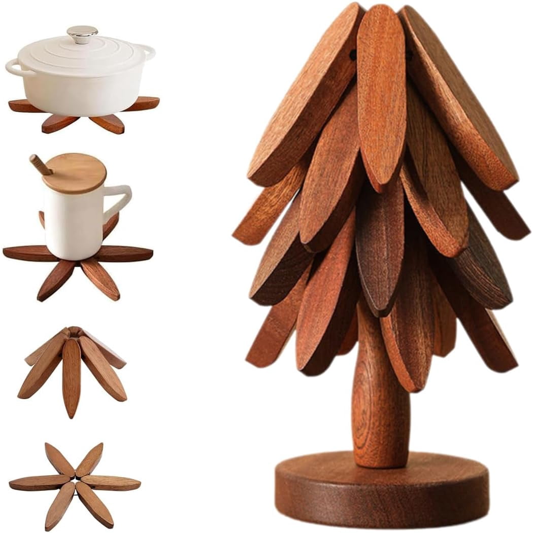 3/4/5PCS Natural Tree Trivet Set & 1 Stand Like A Christmas Tree, Heat ...
