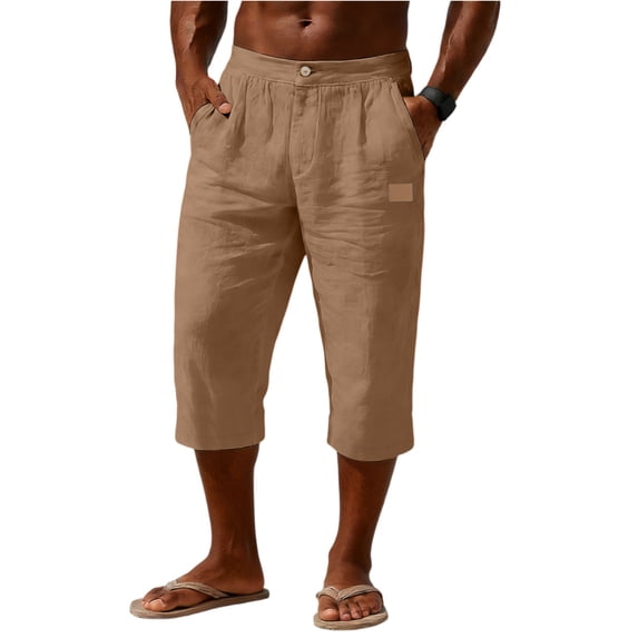 3/4 Capris For Men Elastic Waist Cotton Linen Blend Straight Leg Capri ...