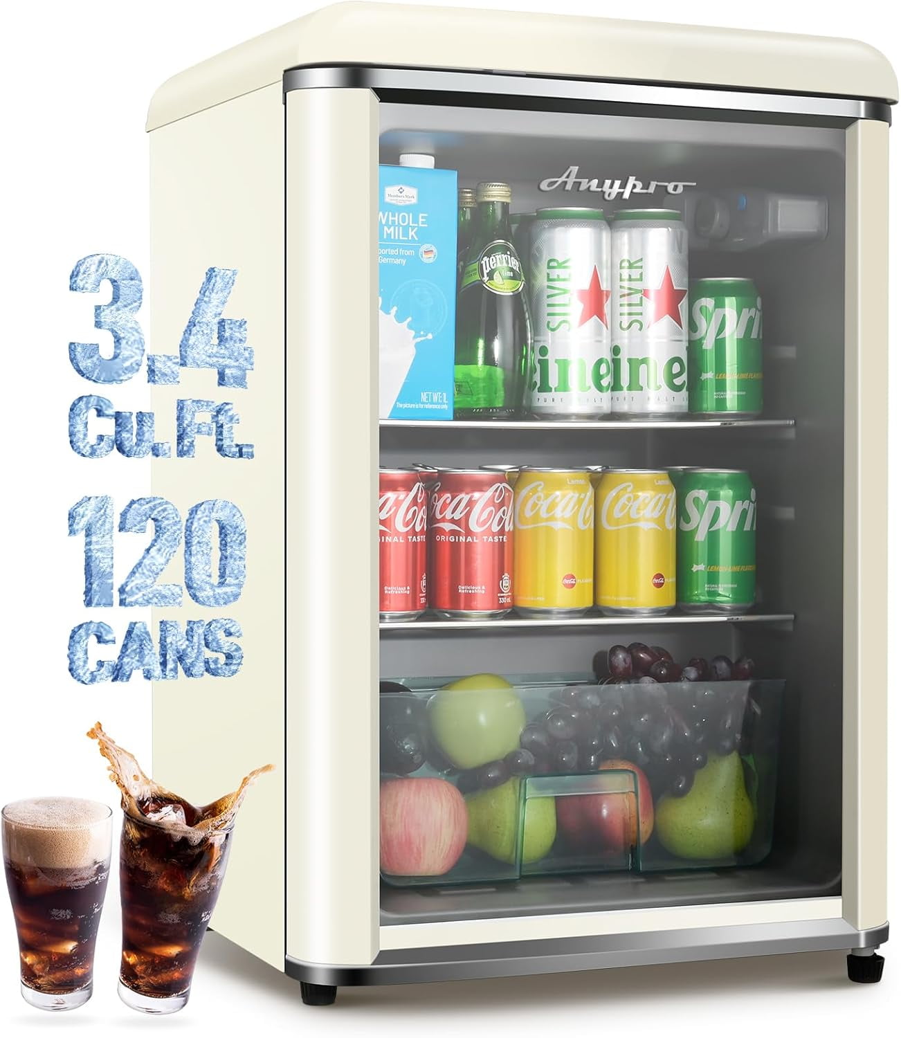 3.4 Cu.Ft Beverage Refrigerator, Retro Fridge with Tempered Glass Door ...