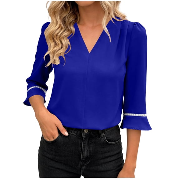 3/4 Flared Sleeve Shirt For Women V Neck Pleated Detail Tunic Blouse ...