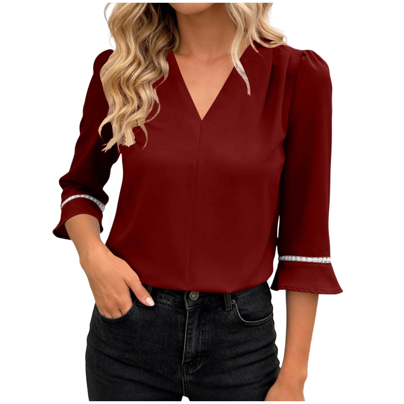 3/4 Flared Sleeve Shirt For Women V Neck Pleated Detail Tunic Blouse ...