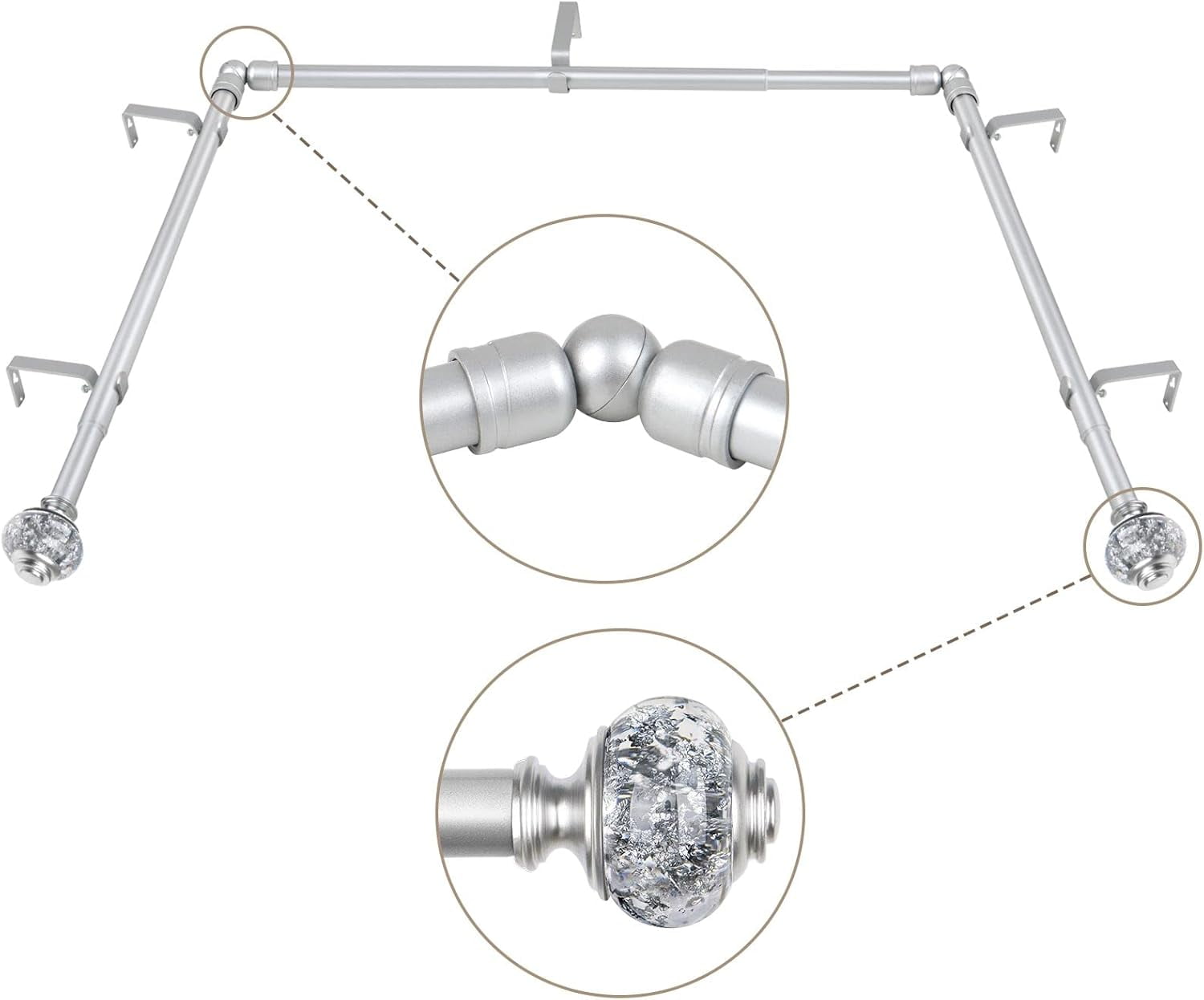 3/4 Inch Bay Window Curtain Rods, USFOOK Telescoping Silver Curtain ...