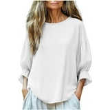 3/4 Length Bell Sleeve Women's Tops 2026 Spring Crew Neck Solid Color ...