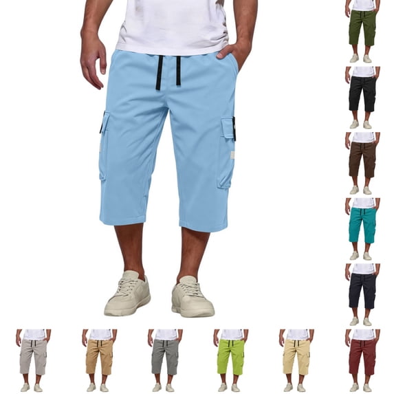 3/4 Length Cargo Capri Pants for Men Below Knee Elastic Wasit Cargo ...